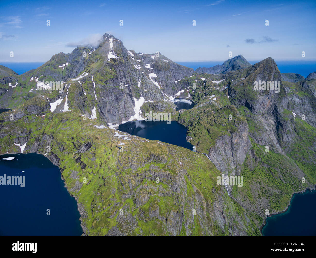 Scenic aerial view of highest peaks on Lofoten islands in Norway Stock ...