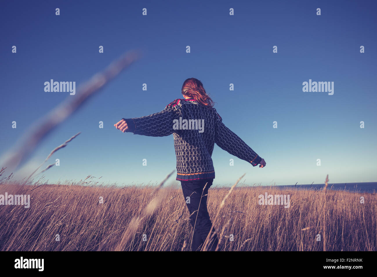 Young woman dancing in a field Stock Photo - Alamy