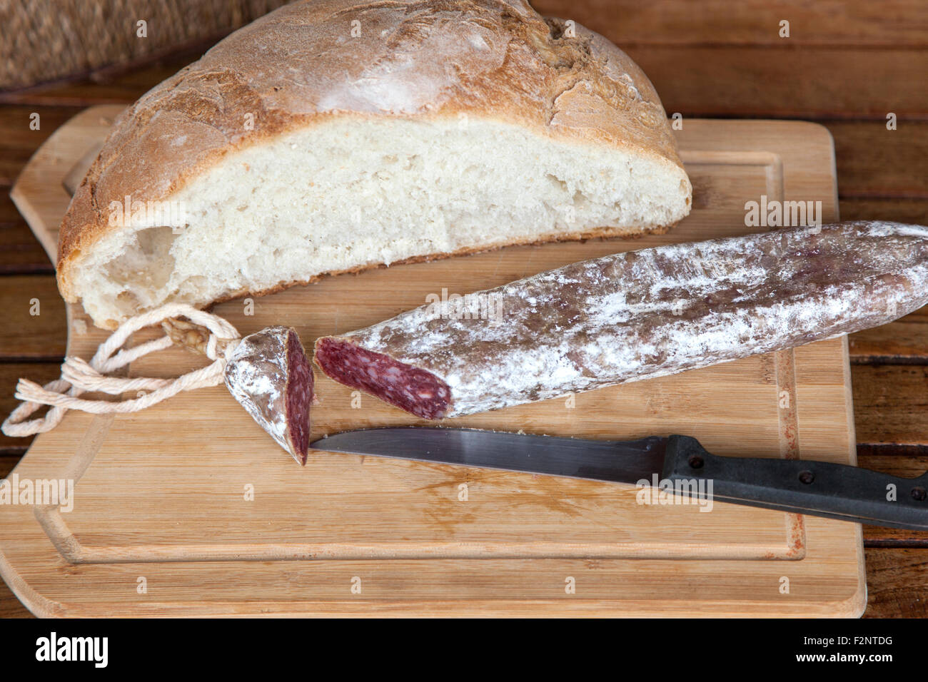 Traditional Catalan "Fuet" a Catalan thin, cured, dry sausage of pork ...