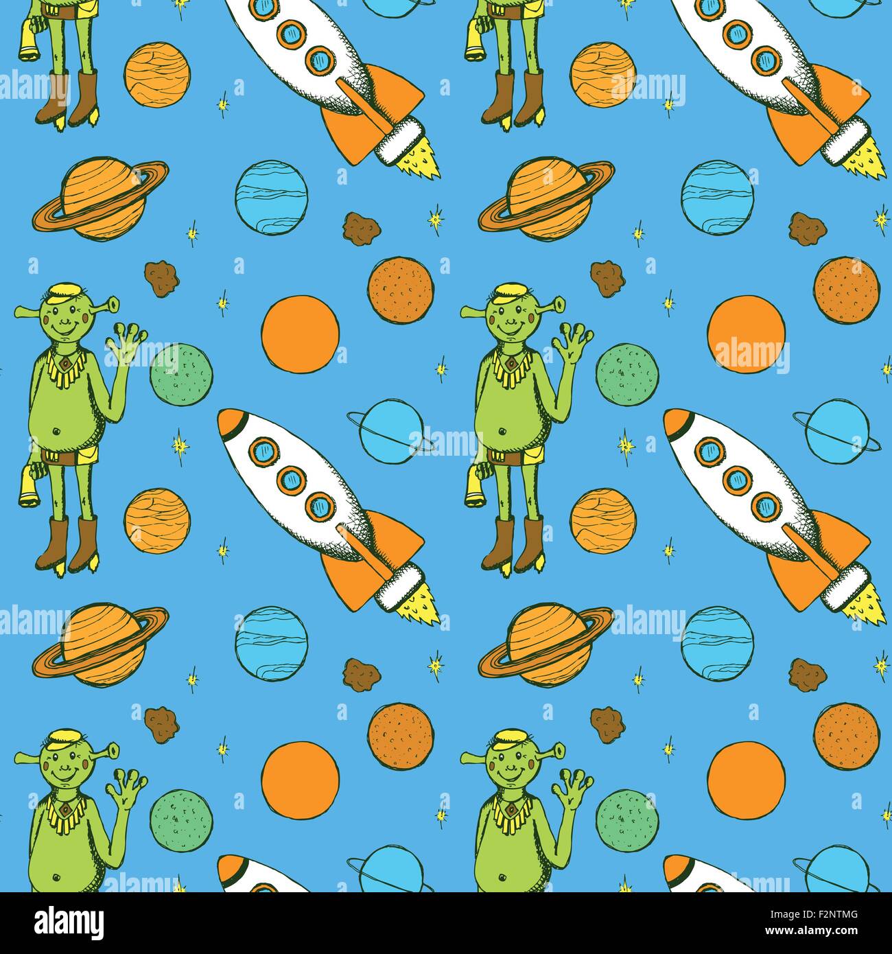Sketch alien, rocket and planets in vintage style, vector seamless ...