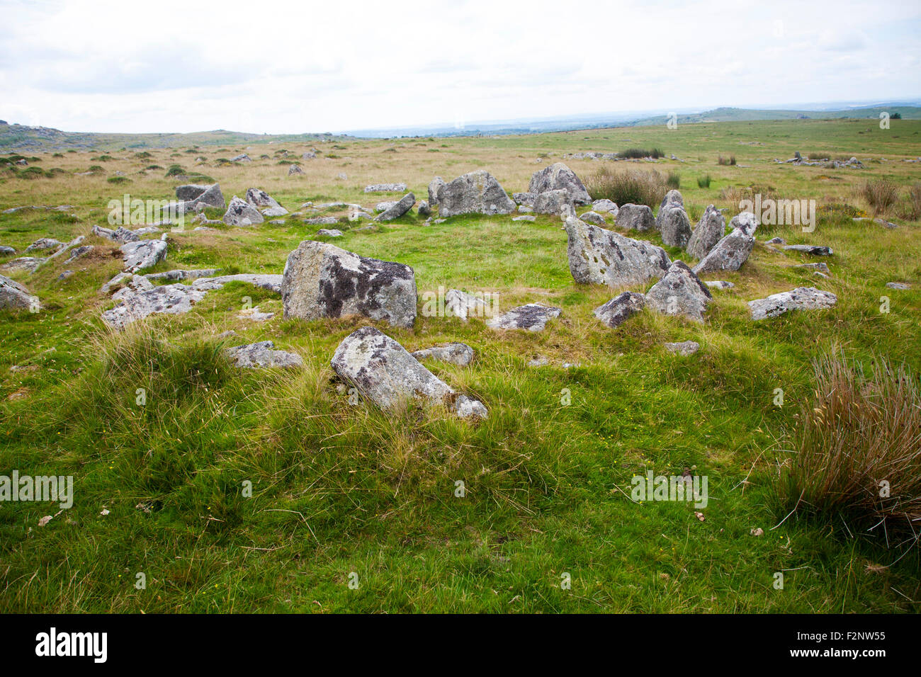 Stone hut circle at the Merrivale ceremonial complex Dartmoor national ...