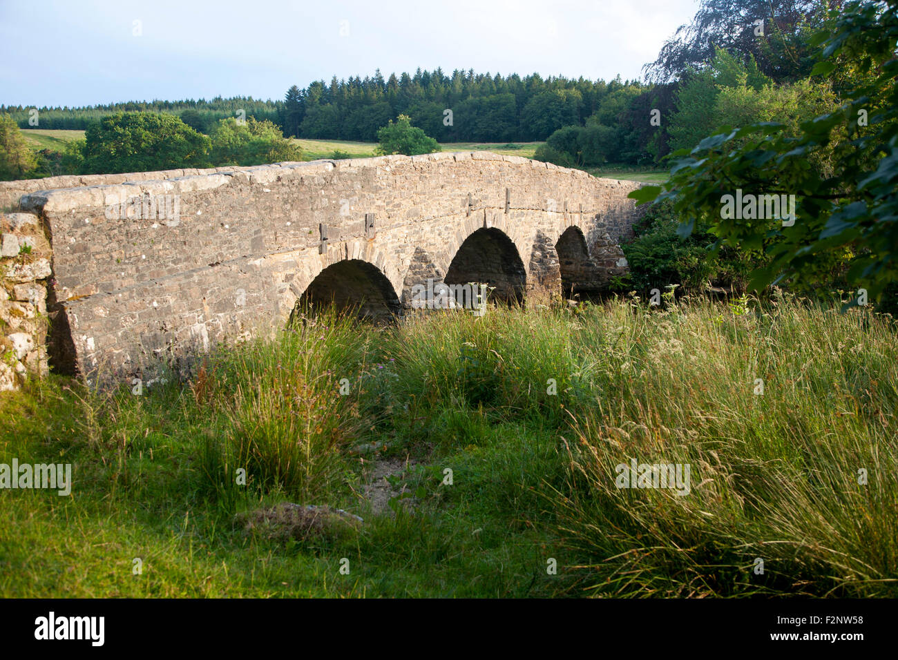 Historic Packhorse bridge at Postbridge, Dartmoor national park, Devon ...