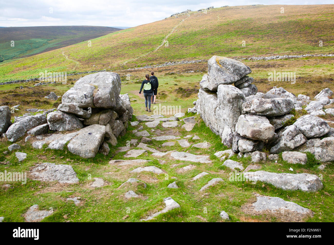 Entrance to the late Bronze age enclosed settlement site of Grimspound ...