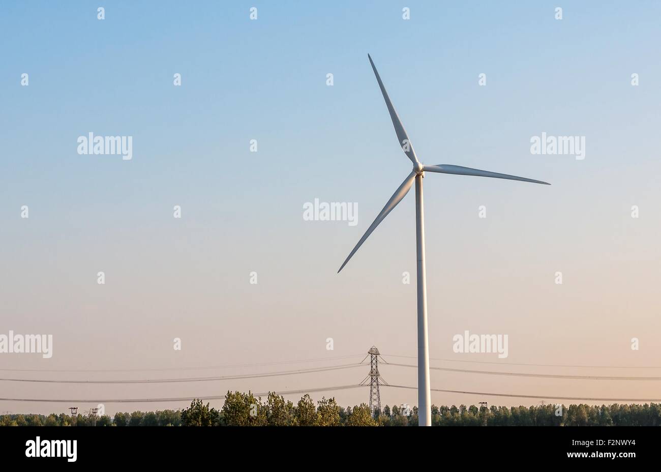 Wind turbine and electricity pylon Stock Photo - Alamy