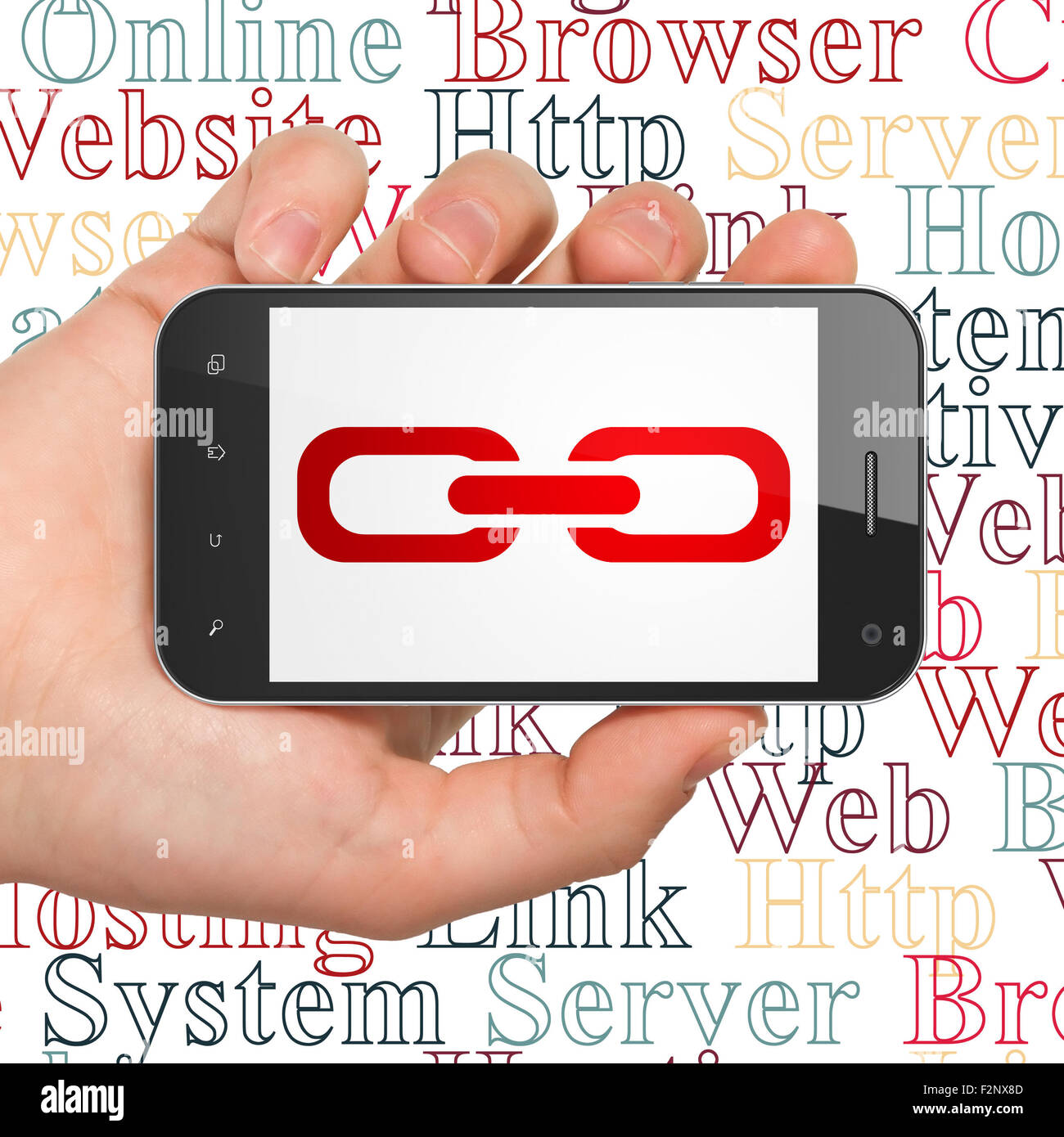 Web development concept: Hand Holding Smartphone with Link on display ...