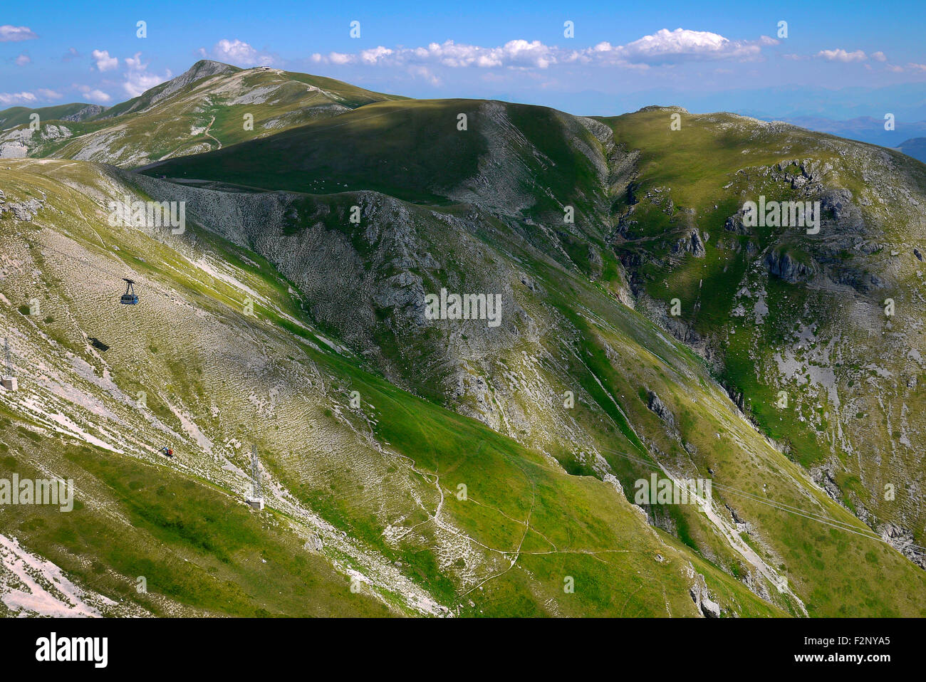 Campo Imperatore, showing the cable car to Assergi in Abruzzo, Italy ...