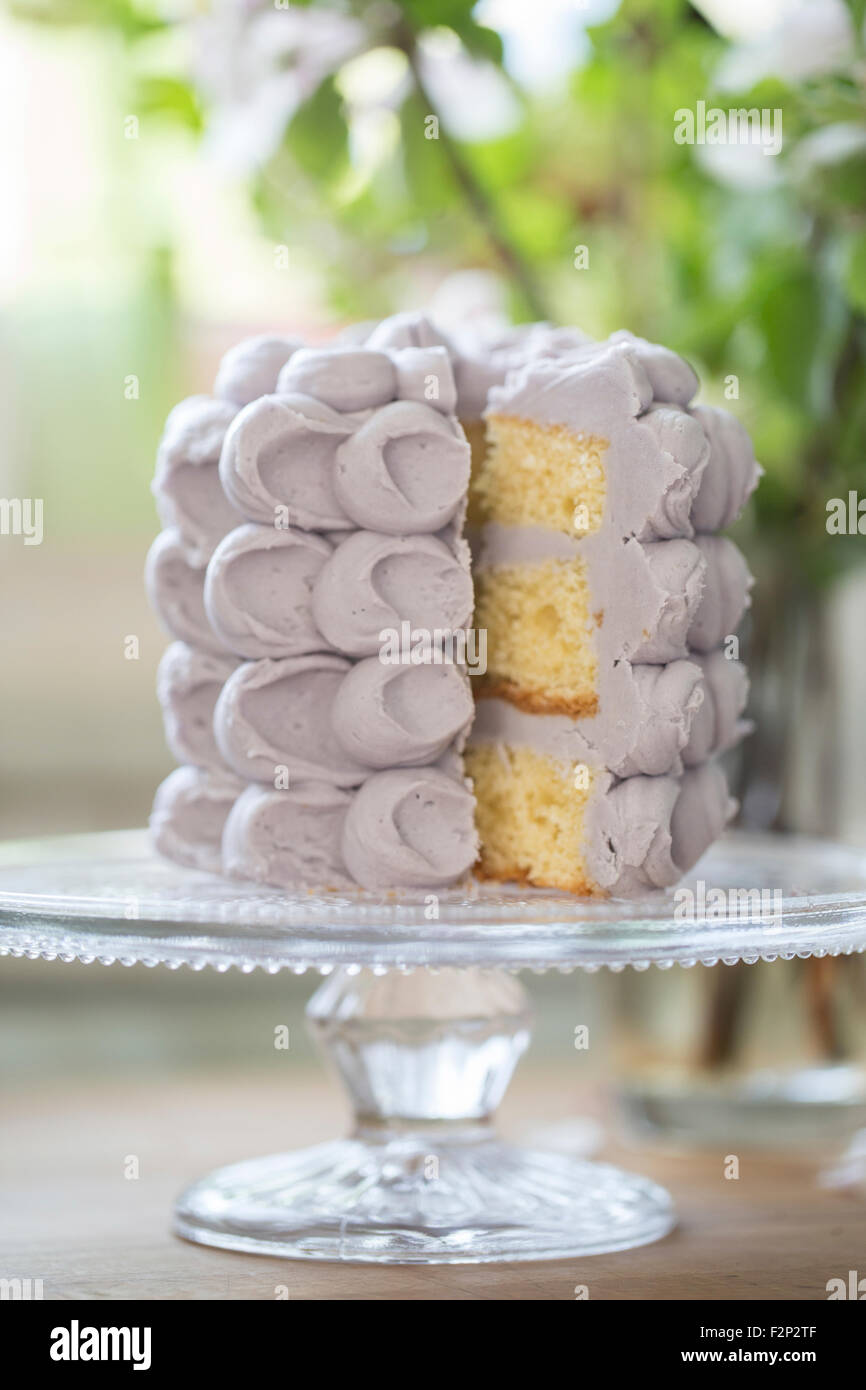Sliced fancy cake coated with purple meringues on cake stand Stock ...