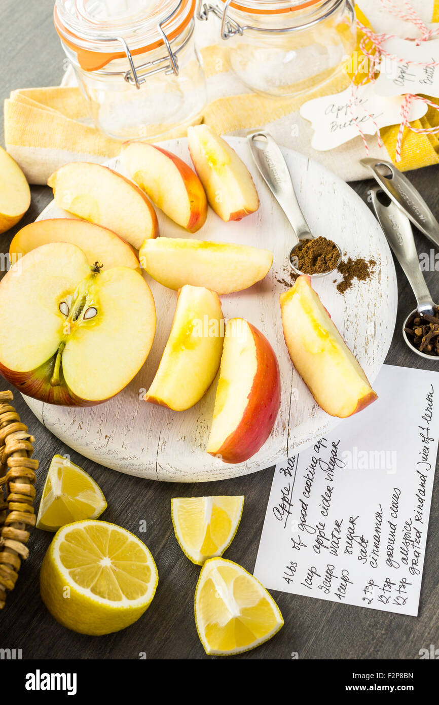 Ingredients for preparing homemade apple butter from organic apples ...