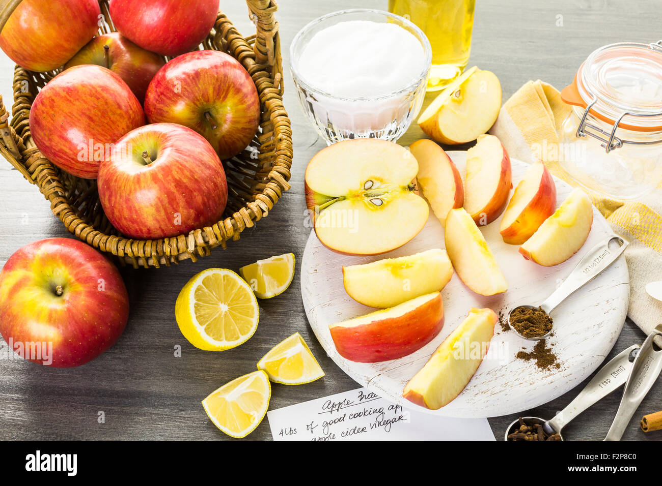 Ingredients for preparing homemade apple butter from organic apples ...