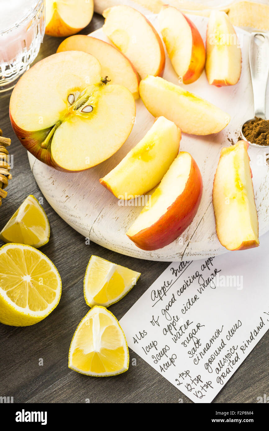 Ingredients for preparing homemade apple butter from organic apples ...
