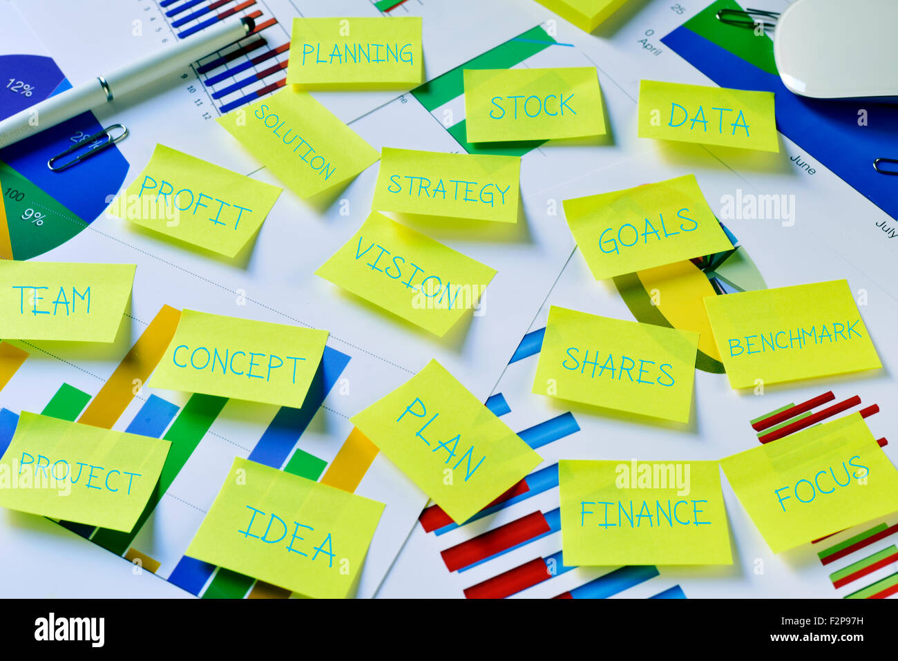 some sticky notes with business concepts, such as strategy, planning ...