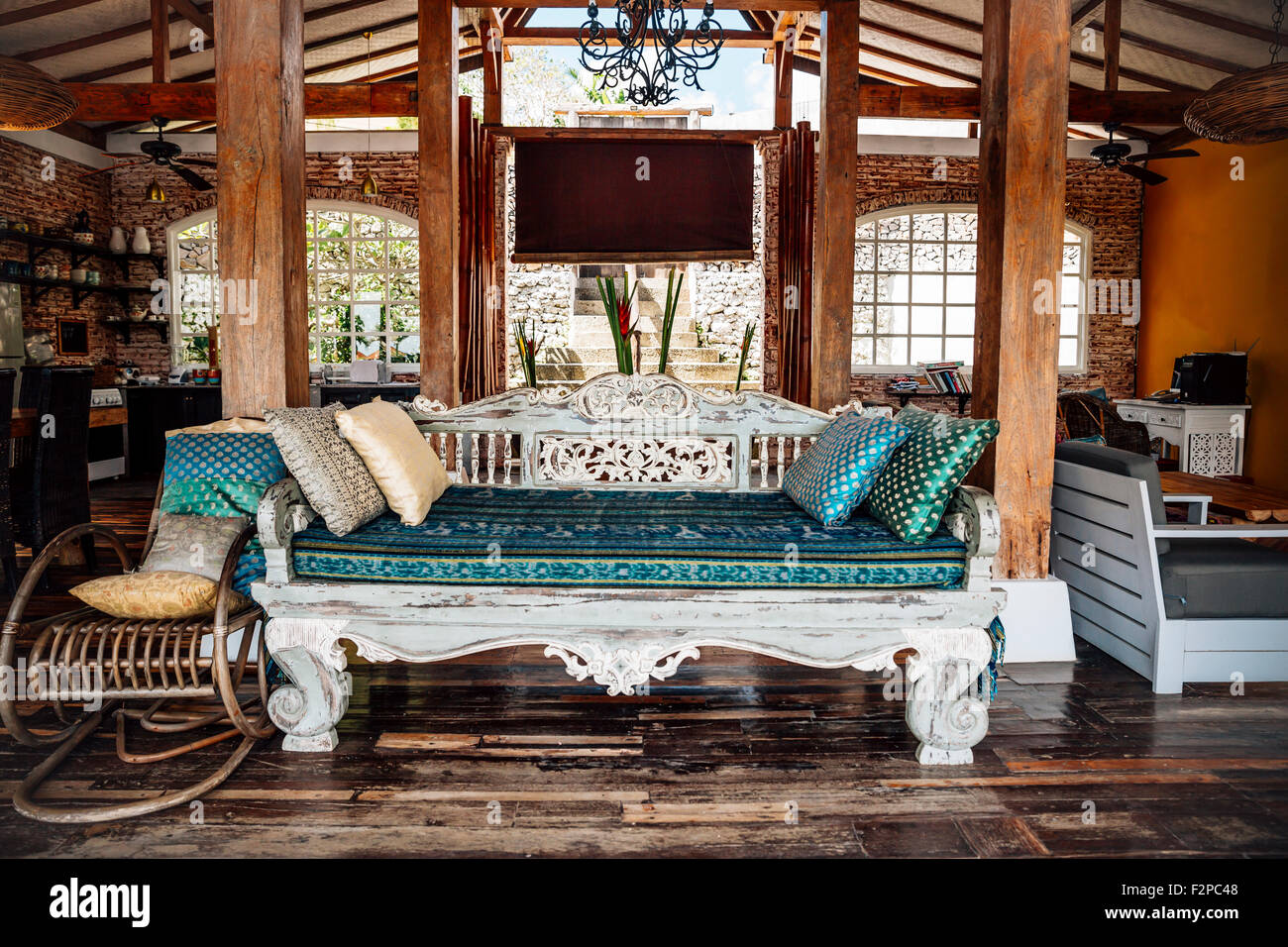 Indonesia, Bali, wooden classic Indonesian daybed in a holiday villa ...