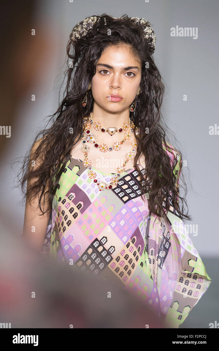 London, UK. 22nd Sep, 2015. A model during the rehearsal of the runway ...