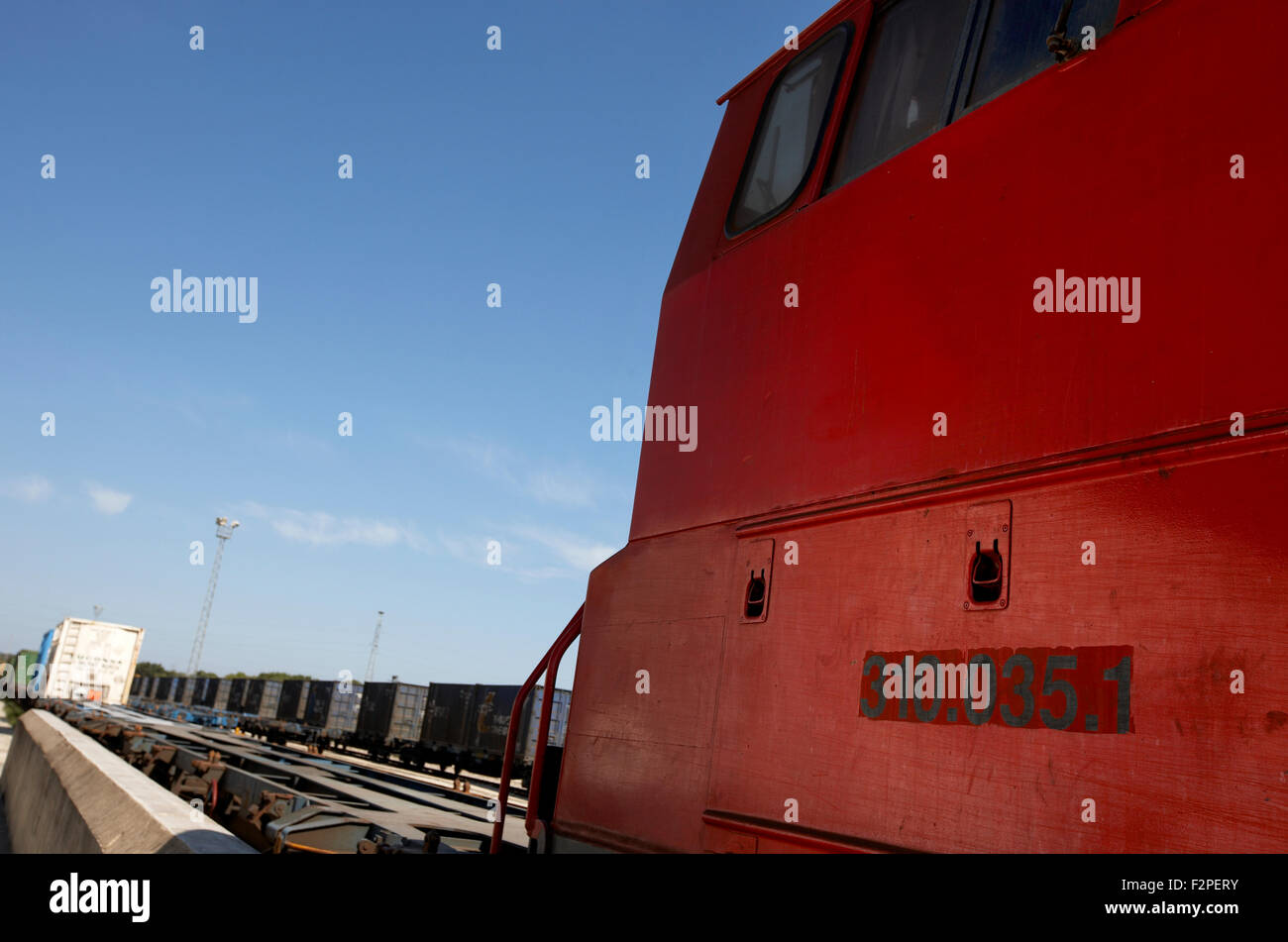 Detail of a red train engine on a railway station Stock Photo - Alamy