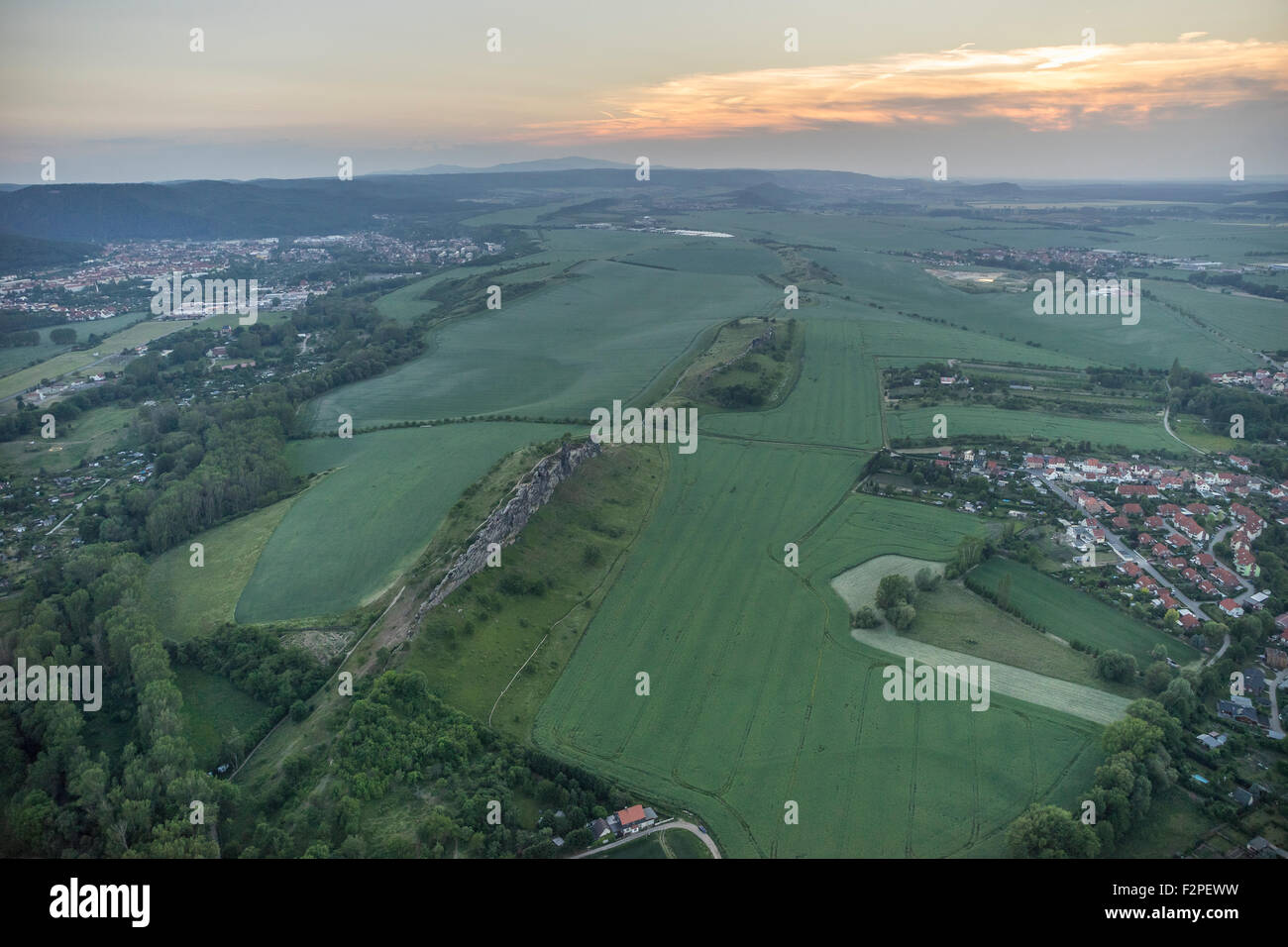 Germany, aerial view of Devil's Wall near Weddersleben at evening ...