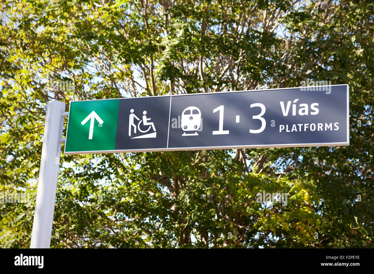 Railway platform signpost with out of focus trees Stock Photo - Alamy