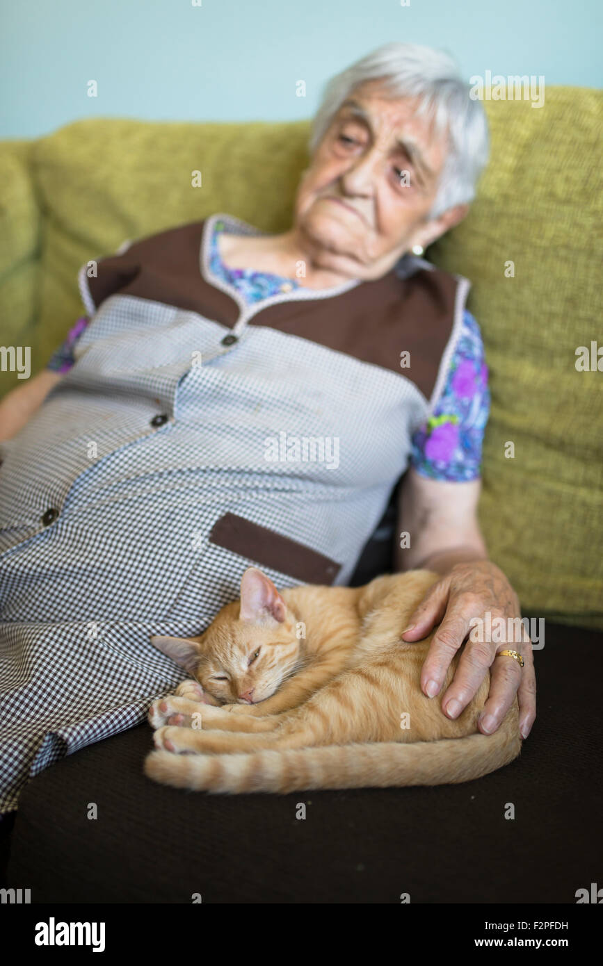 Tabby kitten snoozing besides old woman on the couch at home Stock ...