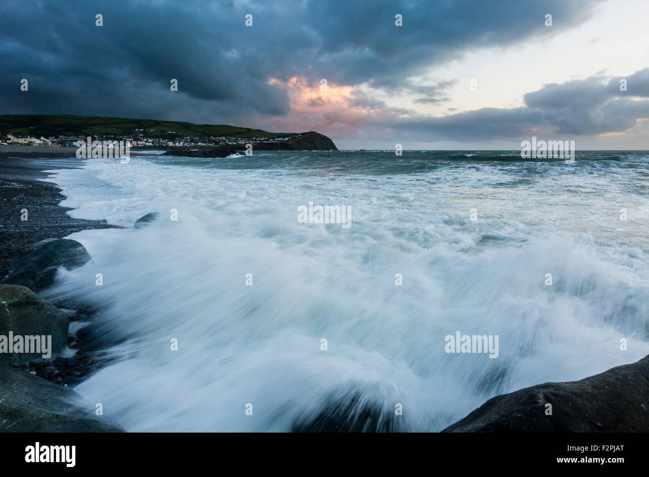 The beach at Borth, Ceredigion, Wales looking south towards the ...