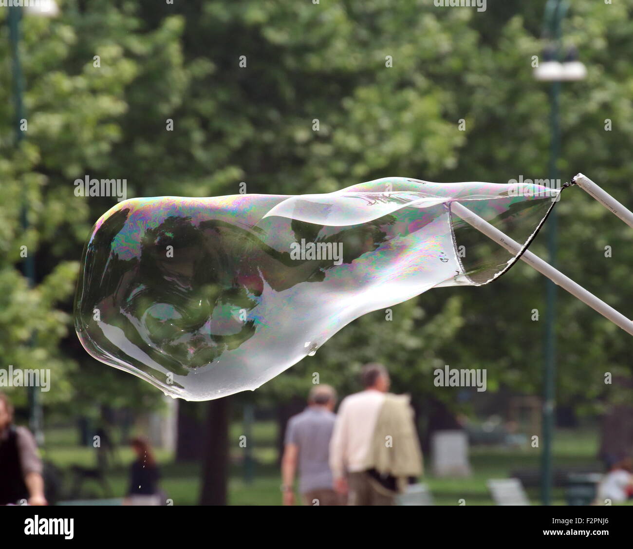 Giant soap bubbles created with ropes and sticks in a park Stock Photo ...