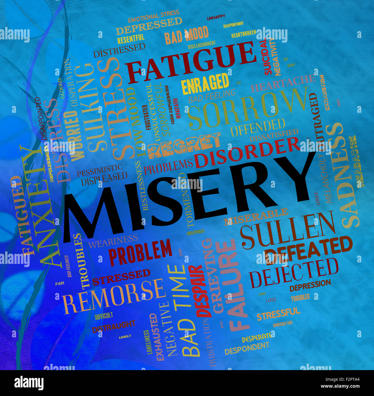 Misery Word Indicating Grief Stricken And Forlorn Stock Photo - Alamy