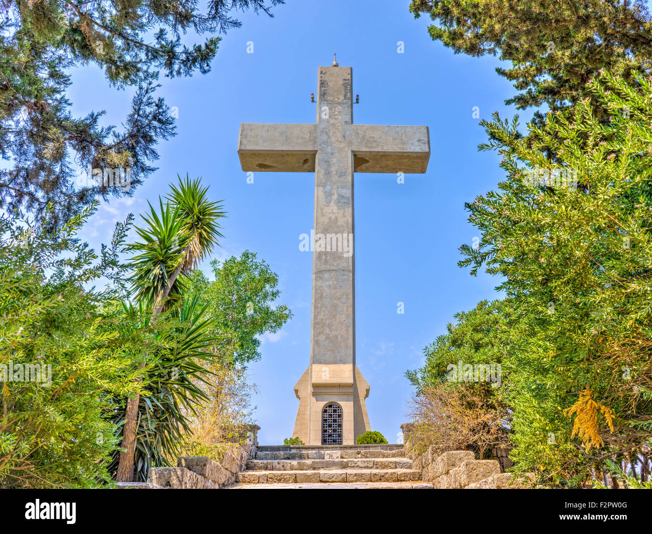Steps to the giant cross on the observation deck at Mount Filerimos ...