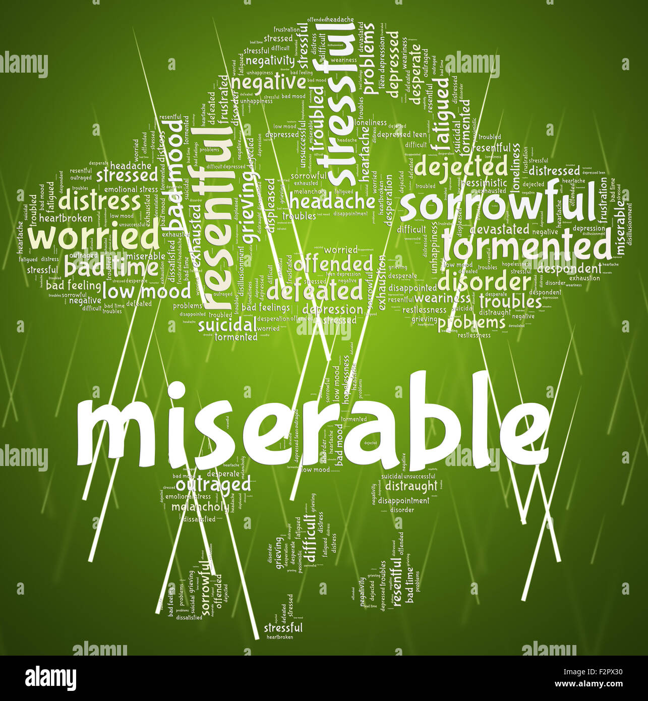 Miserable Word Showing Grief Stricken And Despairing Stock Photo - Alamy