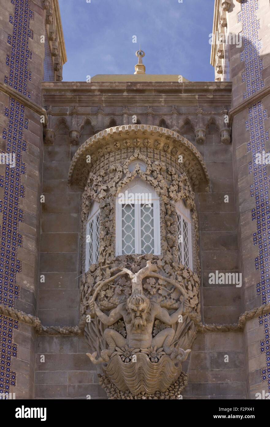 Close up detail of a jutting out window of the Pena National Palace in ...