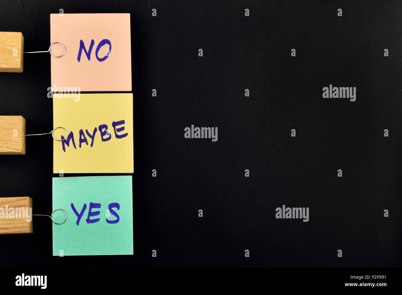 Yes, no, maybe, list, three paper notes, green, yellow, pink, with ...