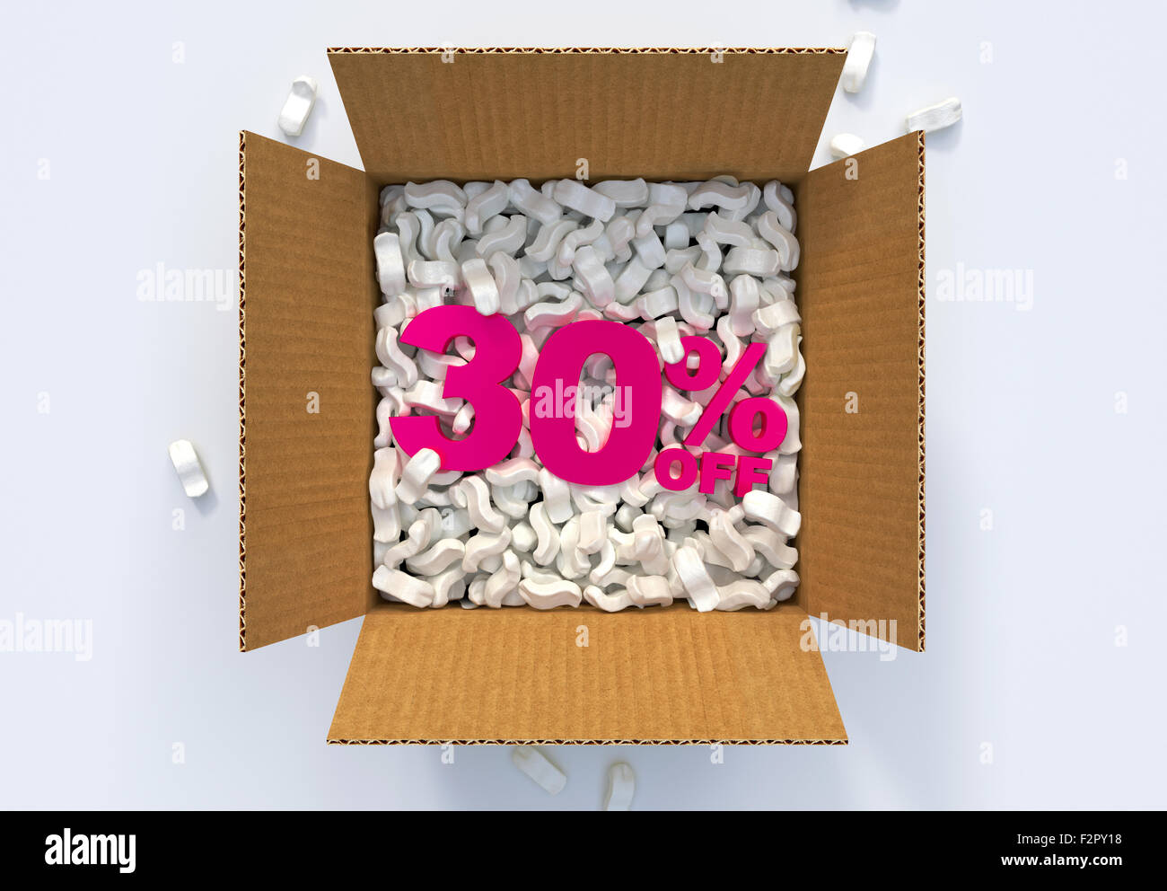 Cardboard Box with shipping peanuts and 30 percent off sign Stock Photo ...