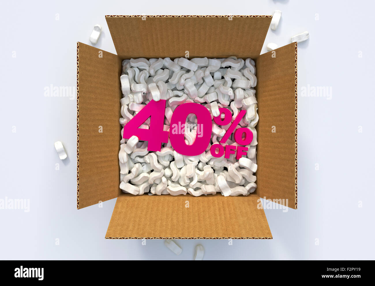 Cardboard Box with shipping peanuts and 40 percent off sign Stock Photo ...
