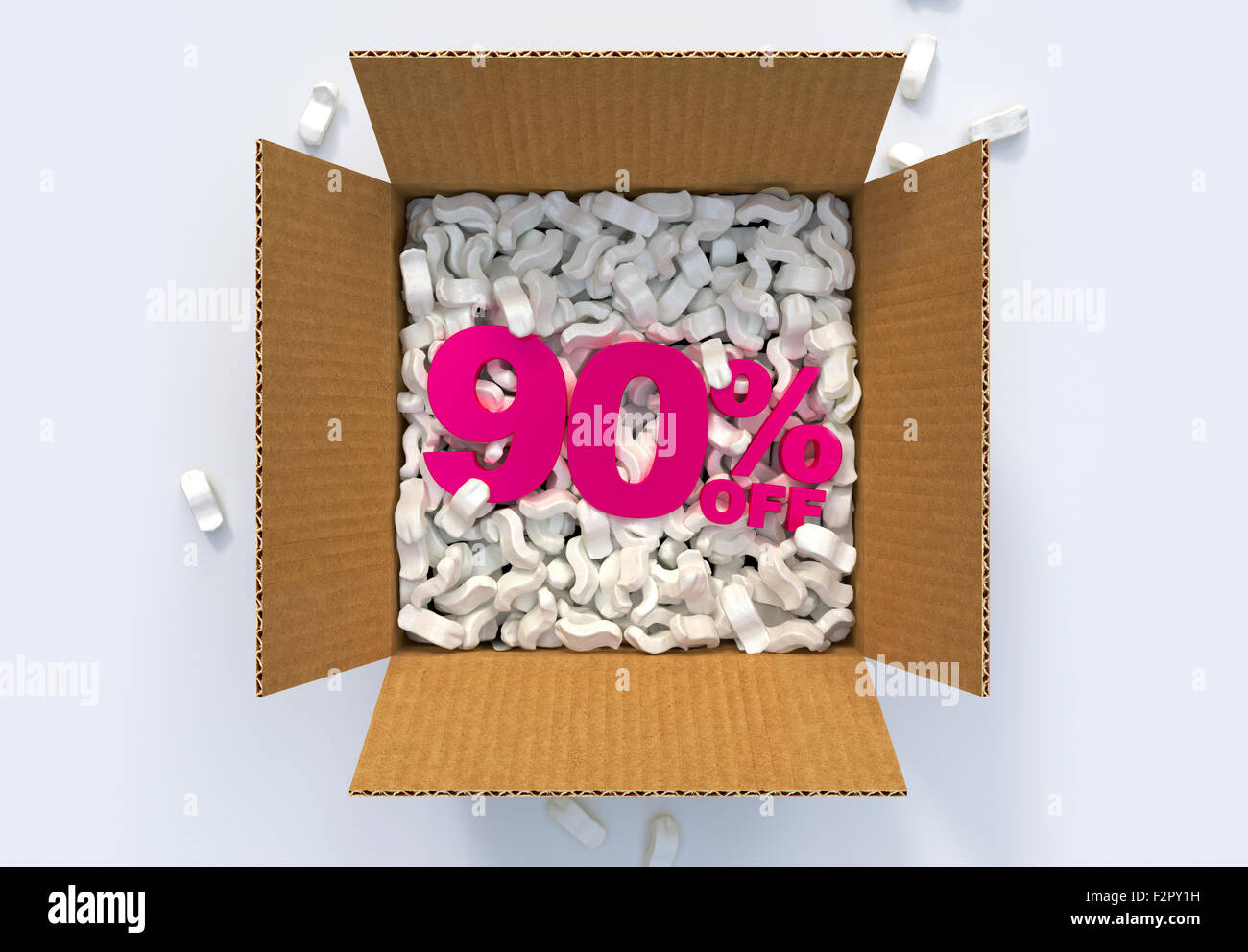 Cardboard Box with shipping peanuts and 90 percent off sign Stock Photo ...