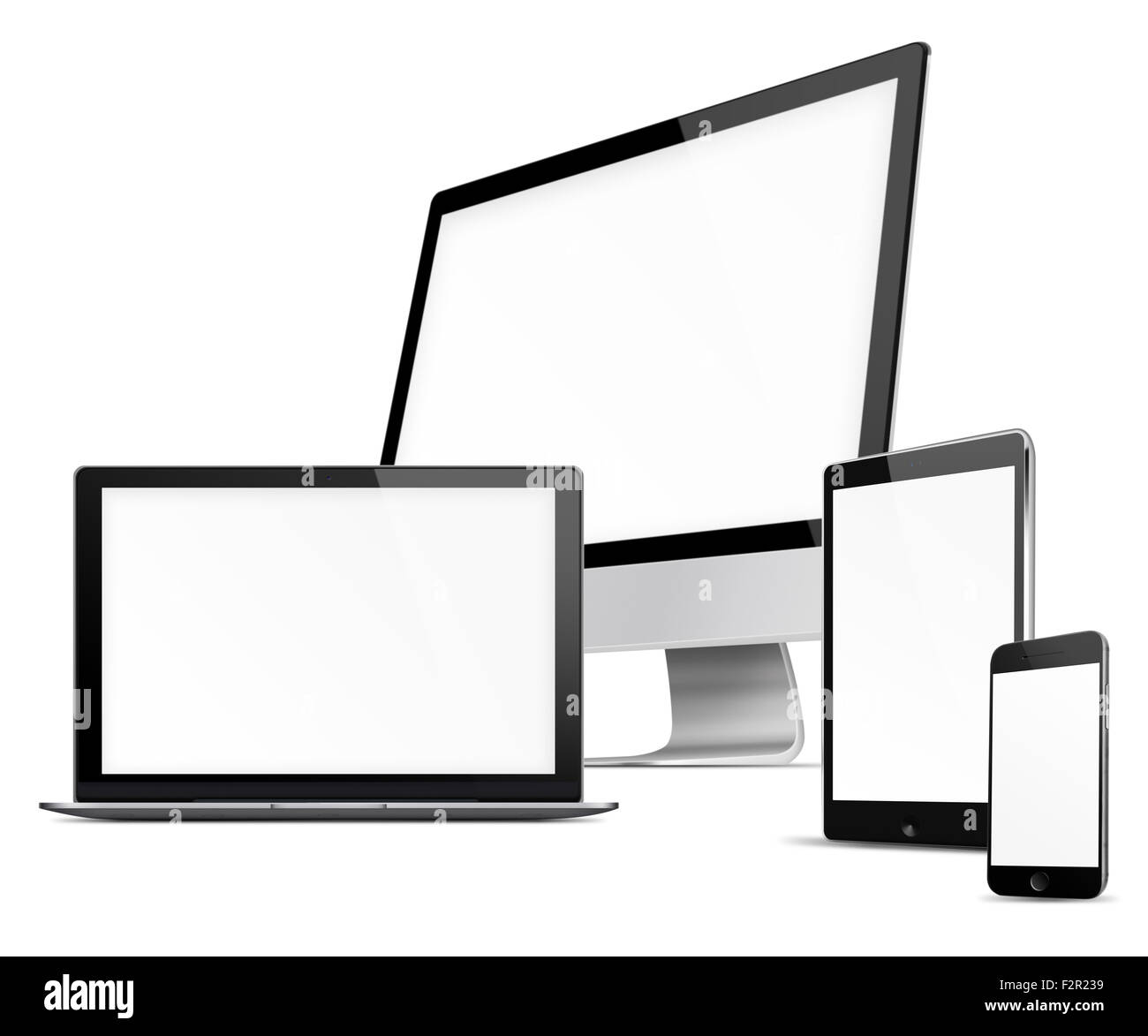 Computer monitor, mobile phone, laptop and tablet pc with blank screen ...