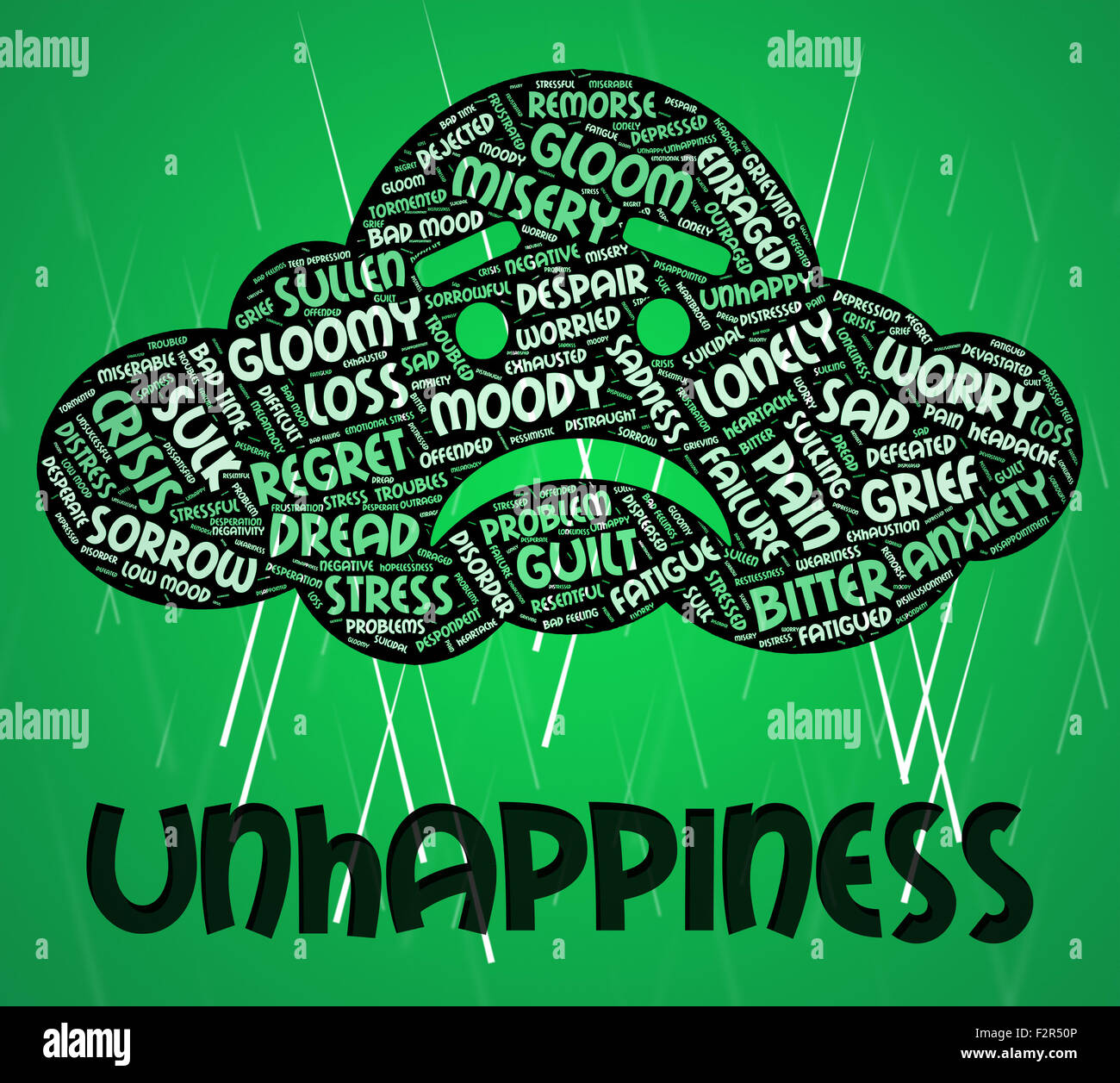 Unhappiness Word Showing Grief Stricken And Sad Stock Photo - Alamy
