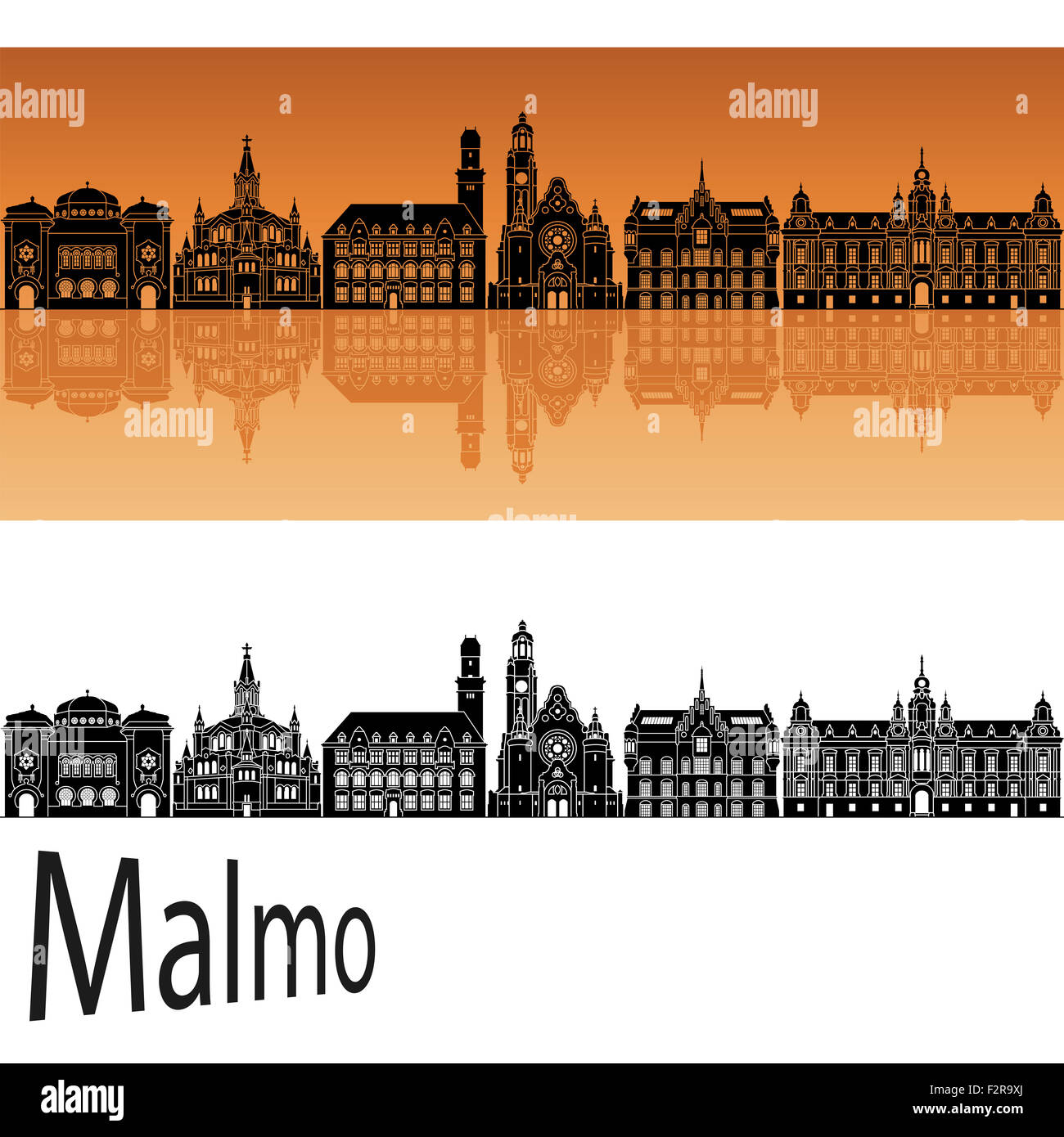 Malmo skyline in orange background in editable vector file Stock Photo ...