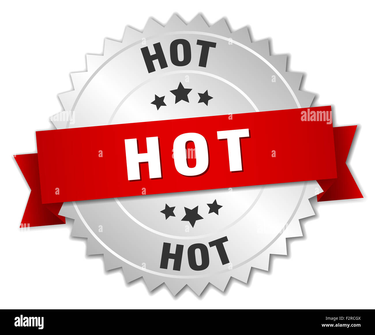 hot 3d silver badge with red ribbon Stock Photo - Alamy