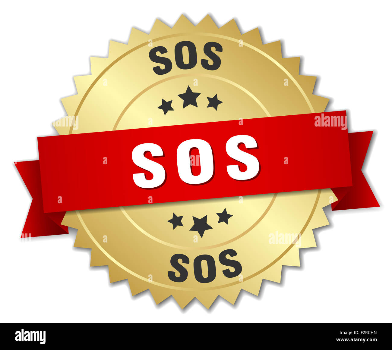 sos 3d gold badge with red ribbon Stock Photo - Alamy