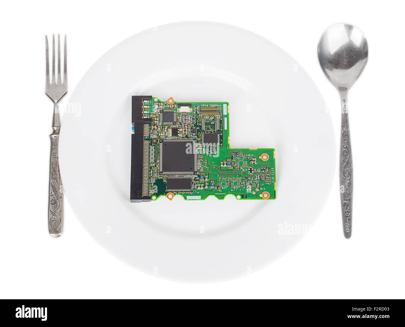 hdd controller on a white plate with a fork and spoon isolated on the ...