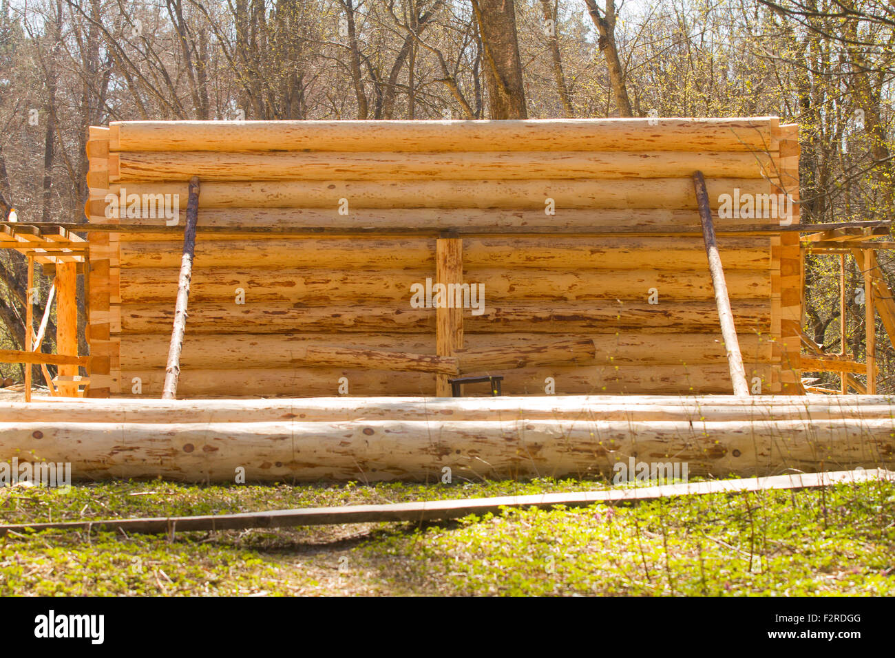 process of construction of the new wooden house in the wood Stock Photo ...