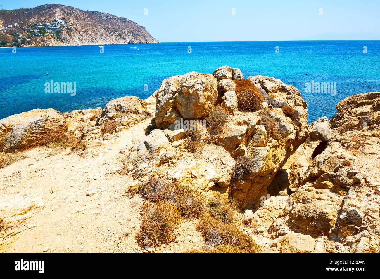 in greece the mykonos island rock sea and beach sky Stock Photo - Alamy