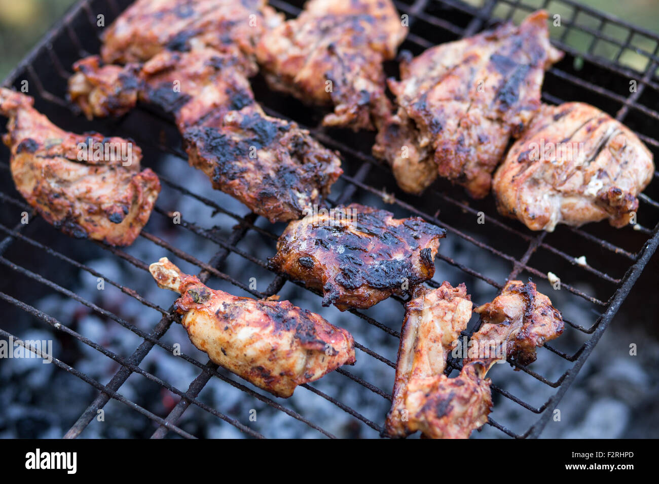 Chunks of meat on grill fire. Barbecue party outdoor background Stock ...