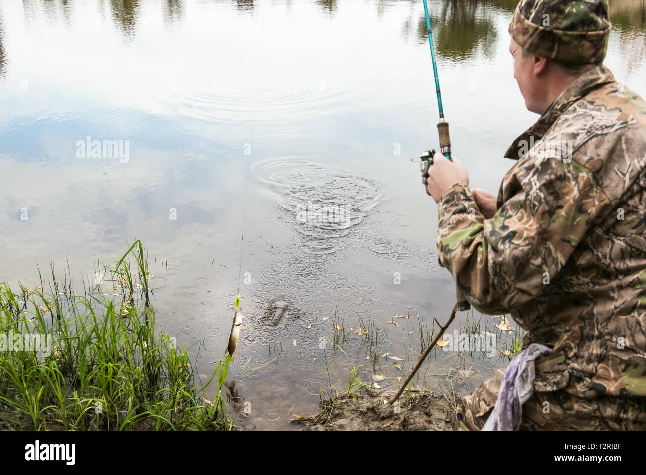 A fisherman on the river catching pike on spinning Stock Photo - Alamy