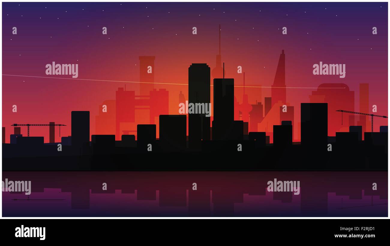 quiet night city scene with stars in the sky, modern buildings. vector ...