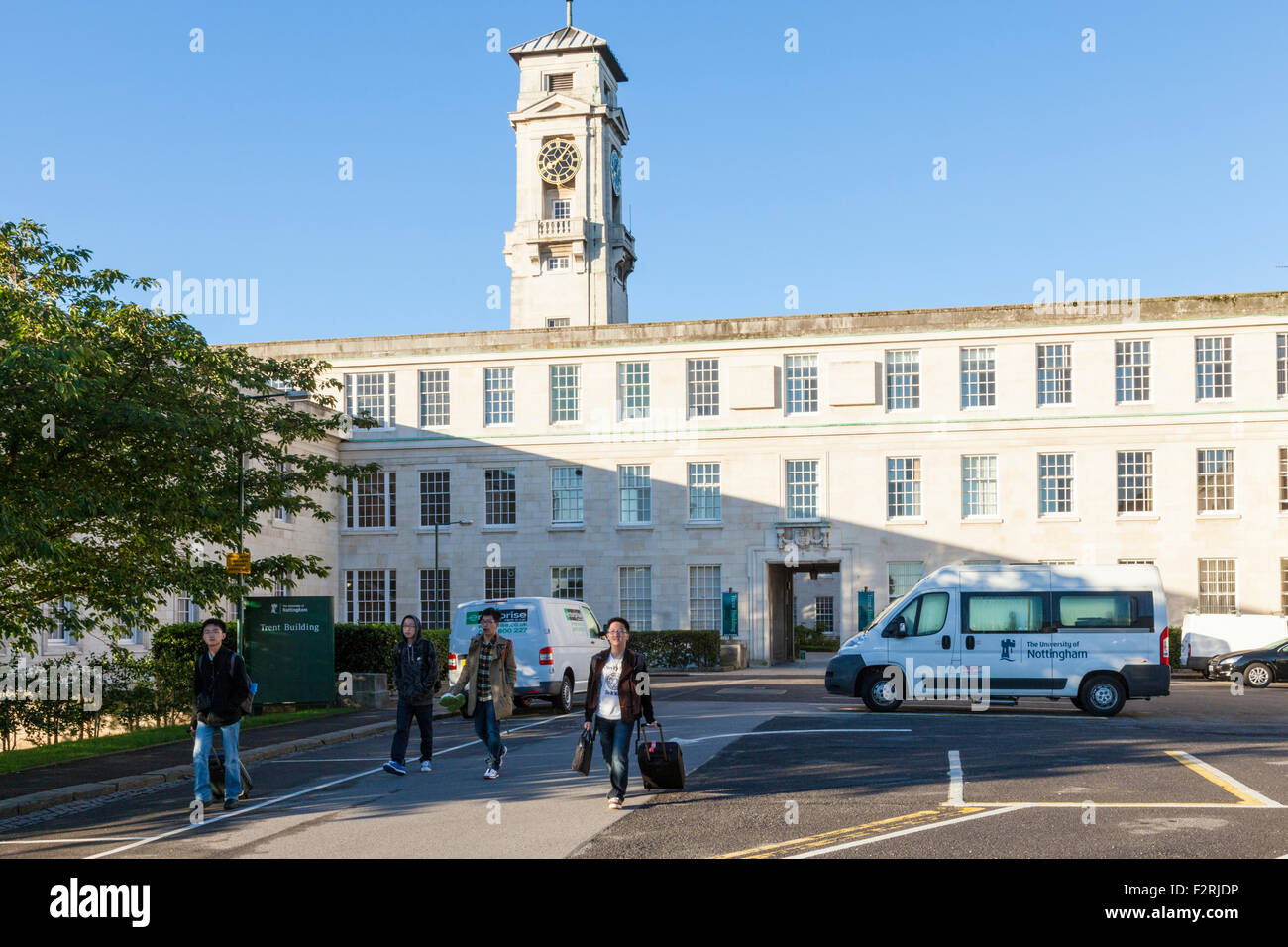 Students arriving at Nottingham University, with Trent Building in the ...