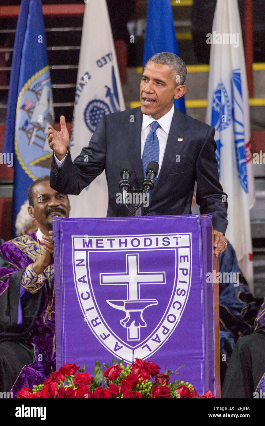 U.S. President Barack Obama delivers the eulogy at the funeral of slain ...