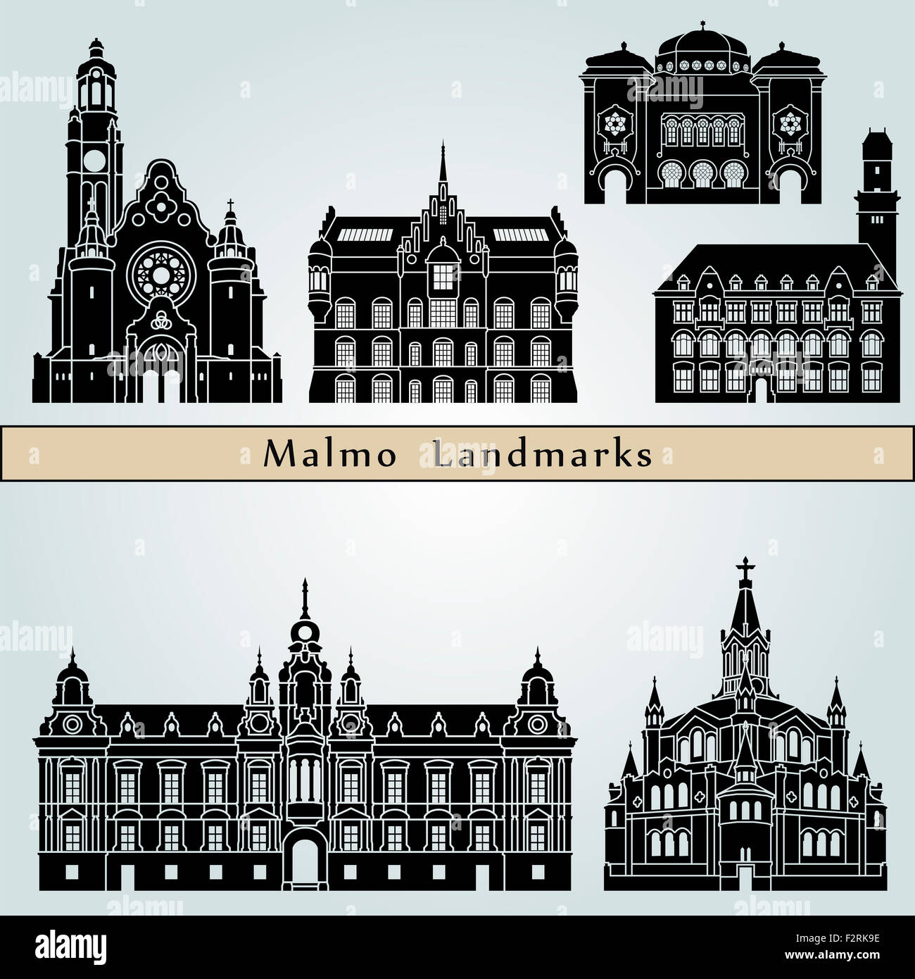 Malmo landmarks and monuments isolated on blue background in editable ...