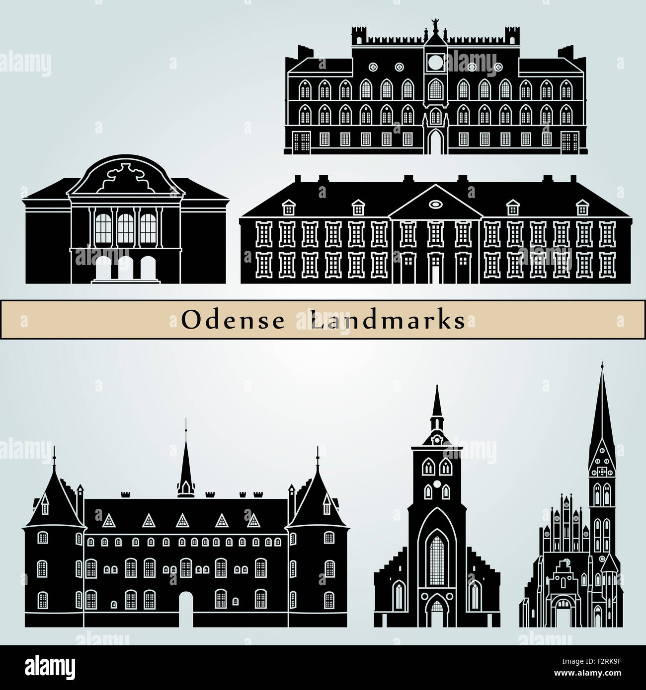 Odense landmarks and monuments isolated on blue background in editable ...