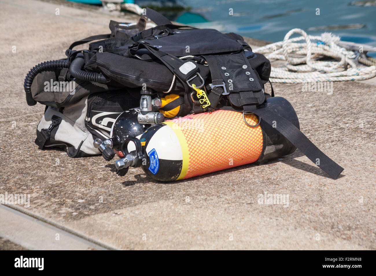 Diving equipment on quayside at Weymouth in September Stock Photo - Alamy