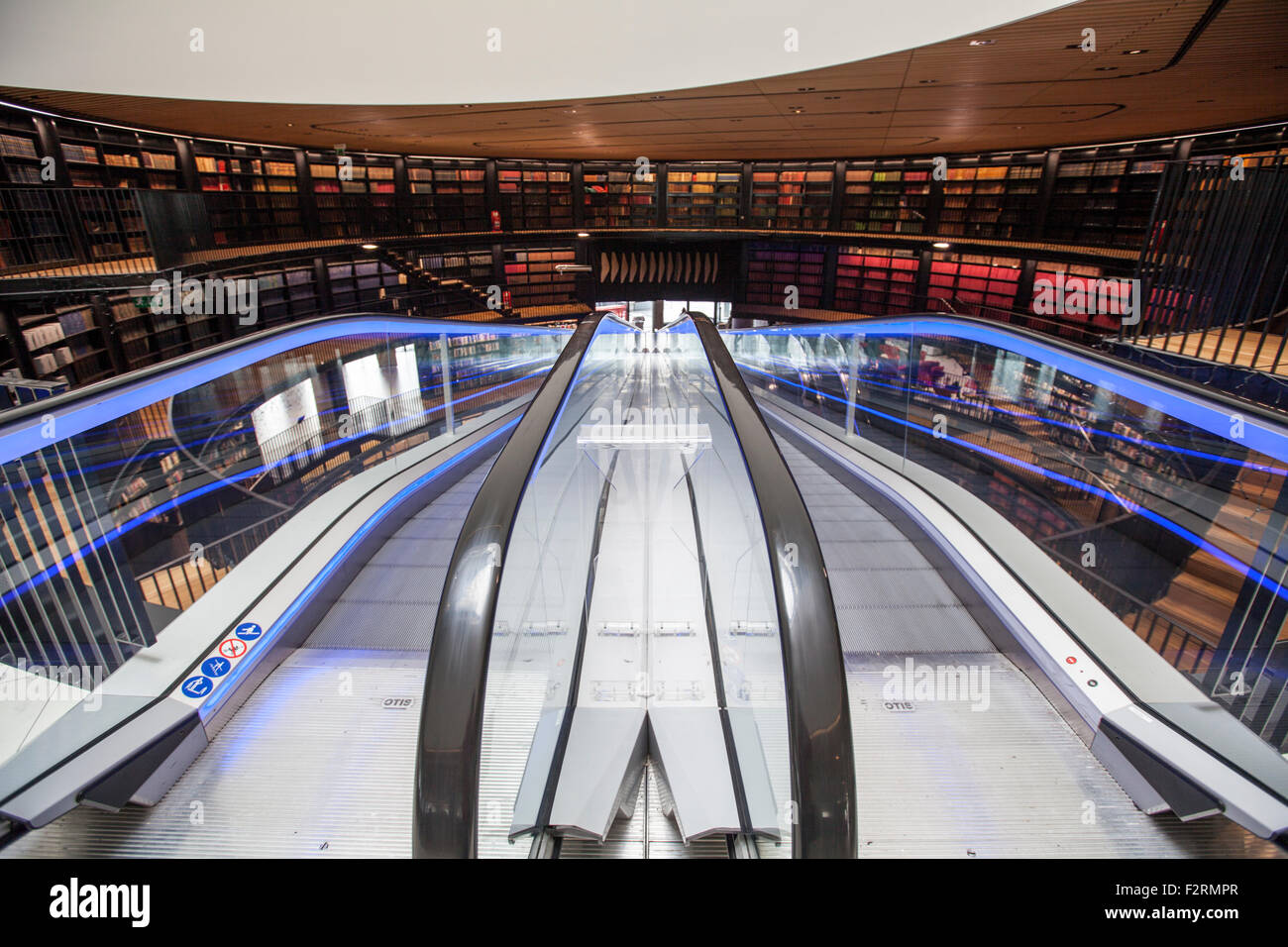 The illuminated escalators in the new Library of Birmingham, England ...
