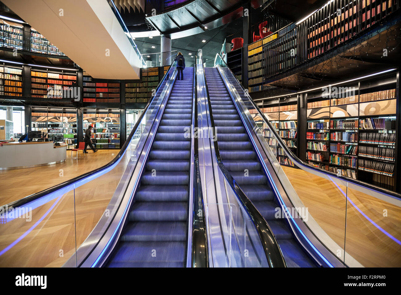 The illuminated escalators in the new Library of Birmingham, England ...