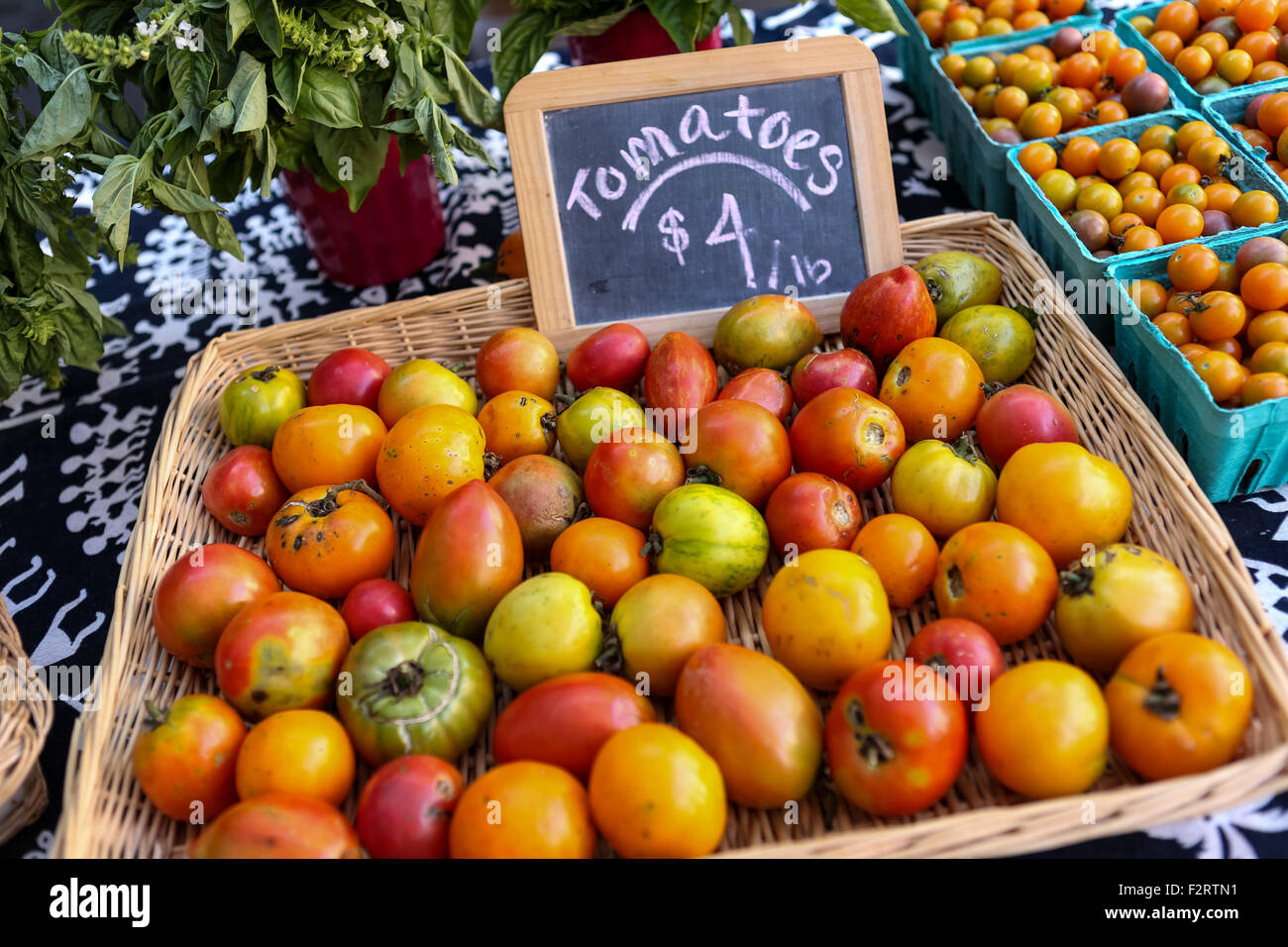 Locally grown tomatoes on display at the Farmers Market along Main ...